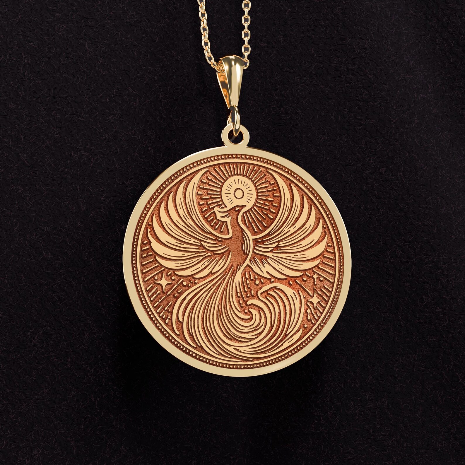 14K Gold Phoenix Necklace: Hand-engraved Firebird Amulet - Etsy