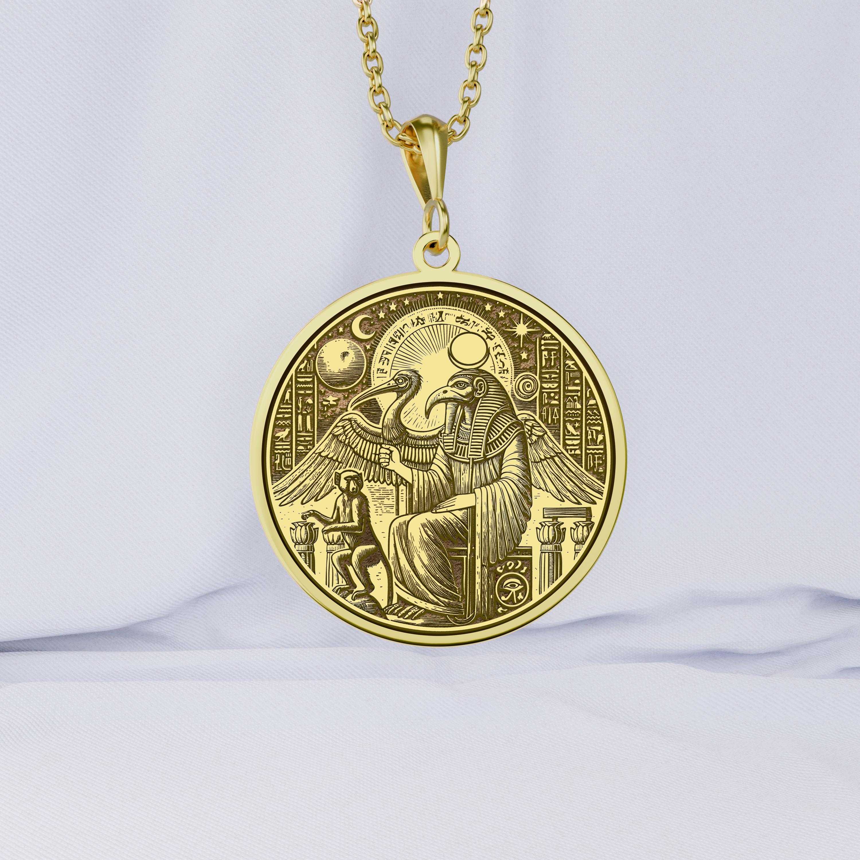 14K Gold Thoth Pendant, Egyptian God of Wisdom Necklace, Moon & Magic ...
