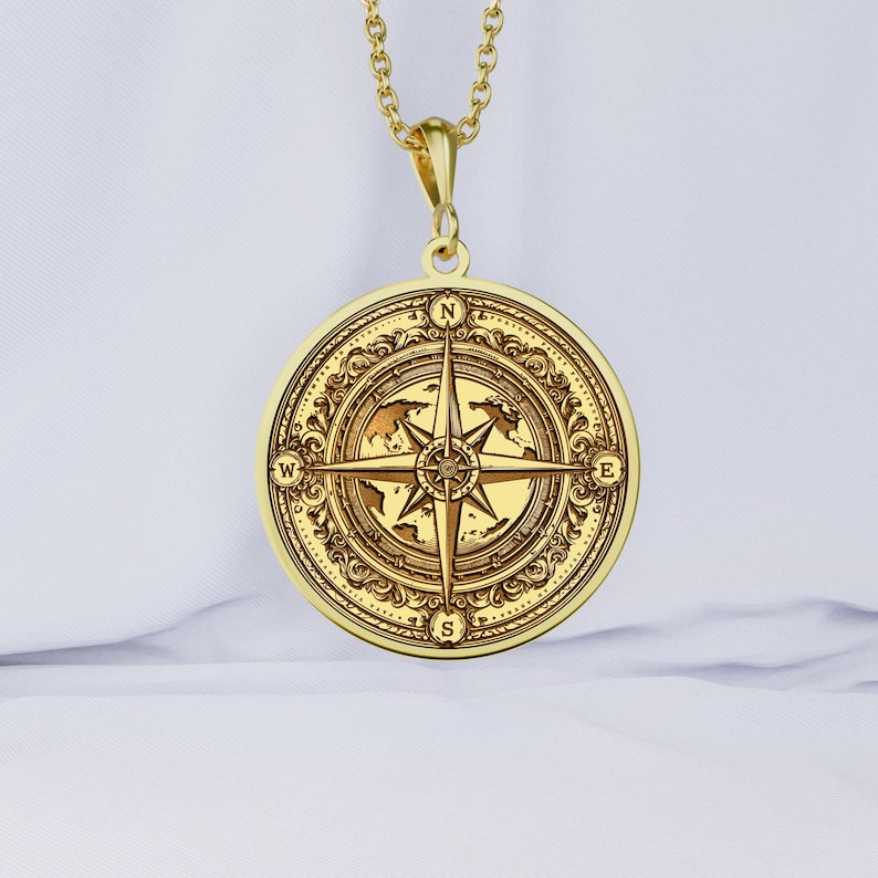 14K Gold Compass Necklace: World Map Pendant, Adventure Jewelry - Etsy