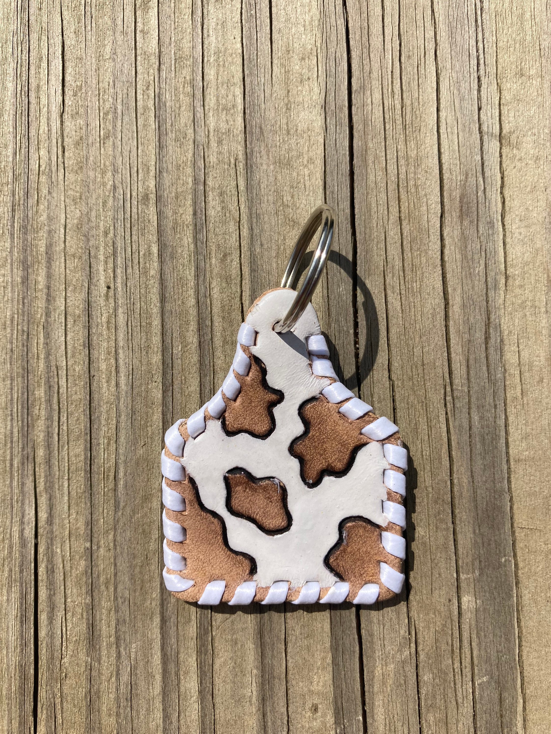 Hand Tooled & Carved Genuine Leather Cow Tag Keychain - Etsy