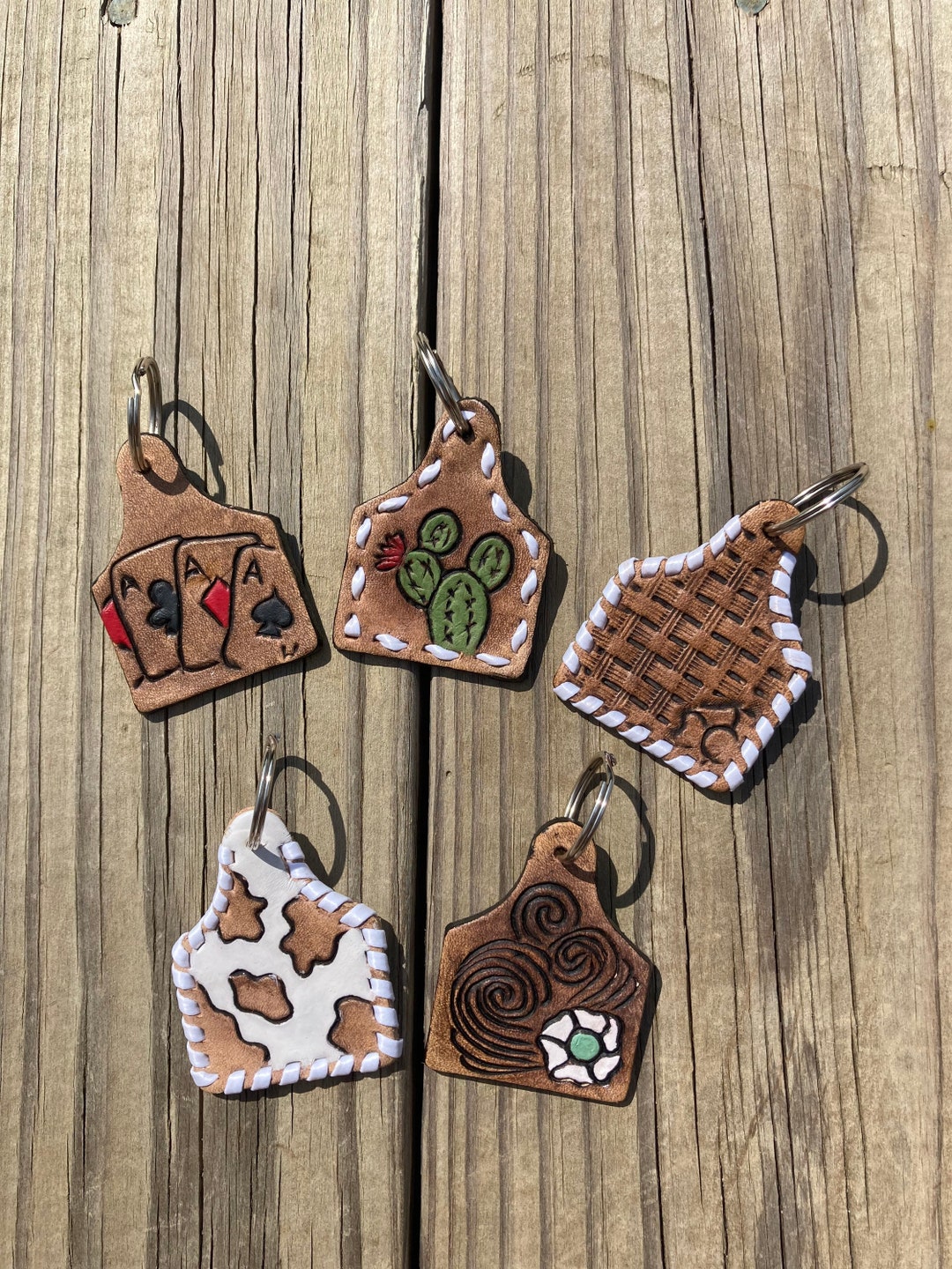 Hand Tooled & Carved Genuine Leather Cow Tag Keychain - Etsy