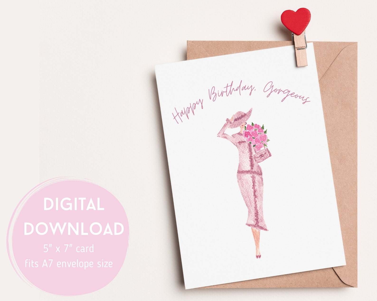 Happy Birthday Card, Stylish Woman in Pink, Printable Original ...