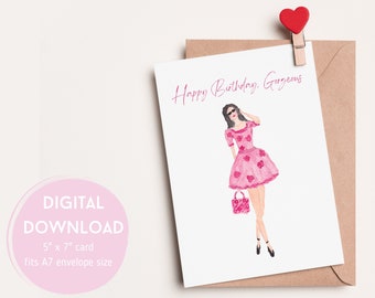 Happy Birthday Card, Stylish Woman in Pink, Printable Original ...