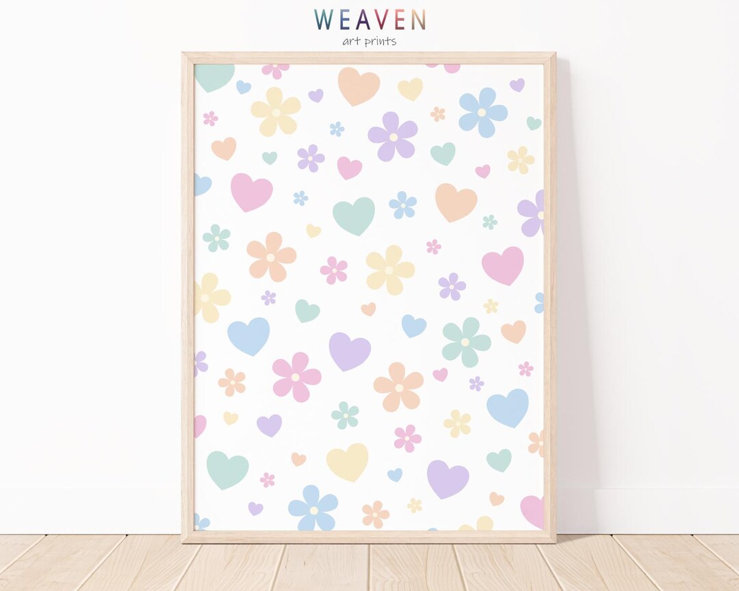 Pastel Rainbow Hearts and Flowers Art Print, Nursery Room Decor ...