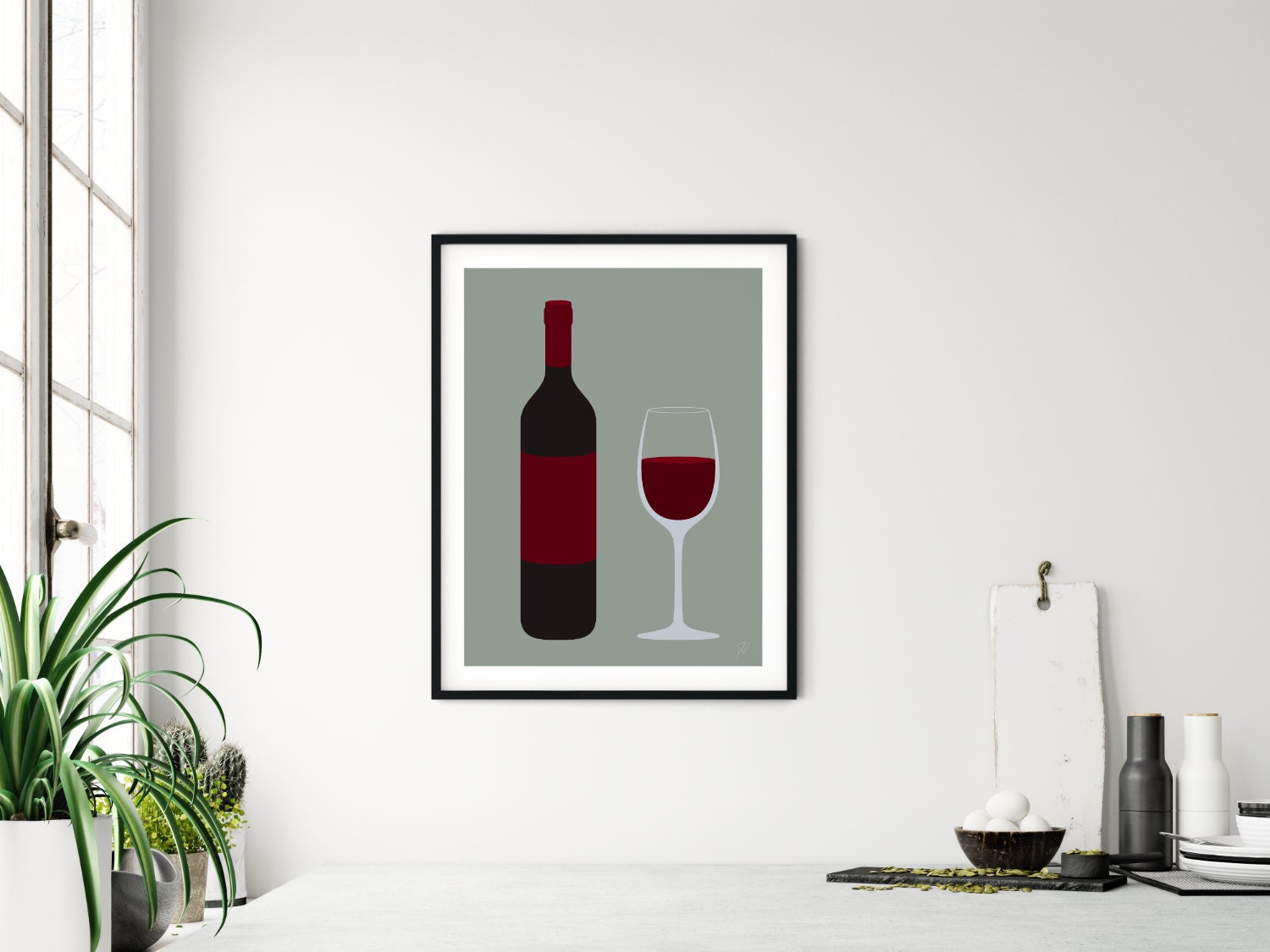 Red Wine Art Print, Kitchen Home Decor, Glass of Wine, Bottle of Wine ...