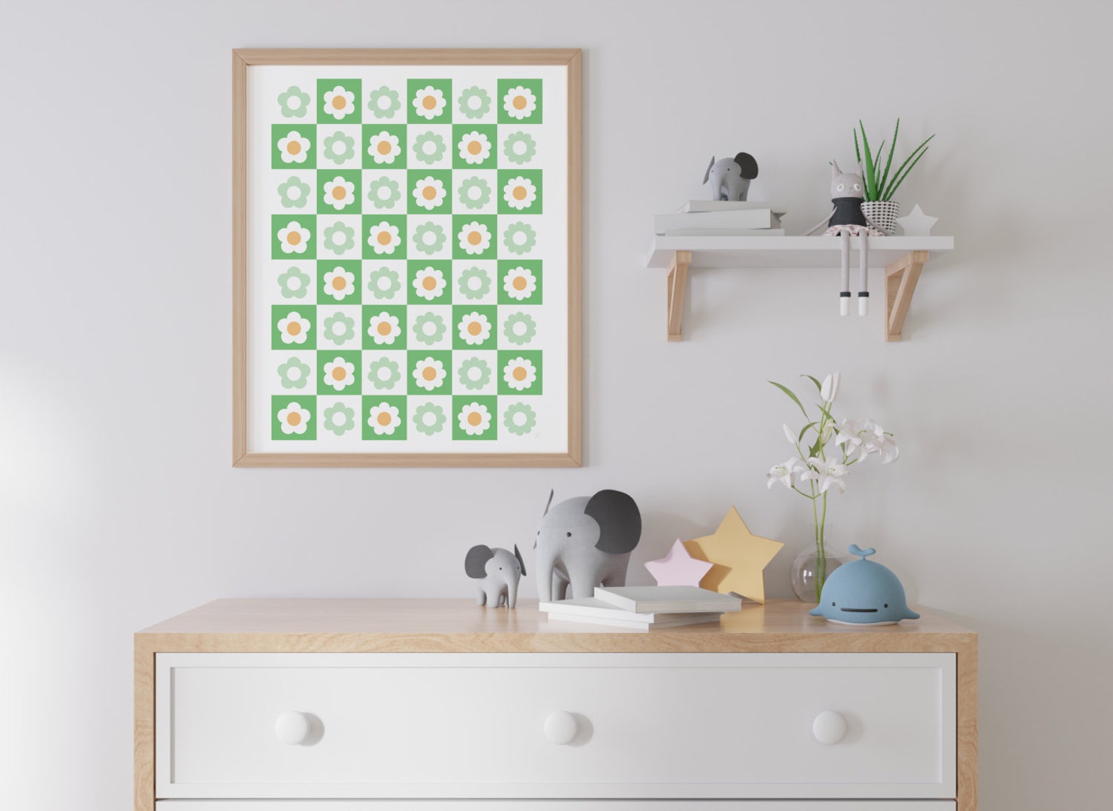 Printable Pastel Green Flower Art, Digital Download, Daisy Pattern Wall ...