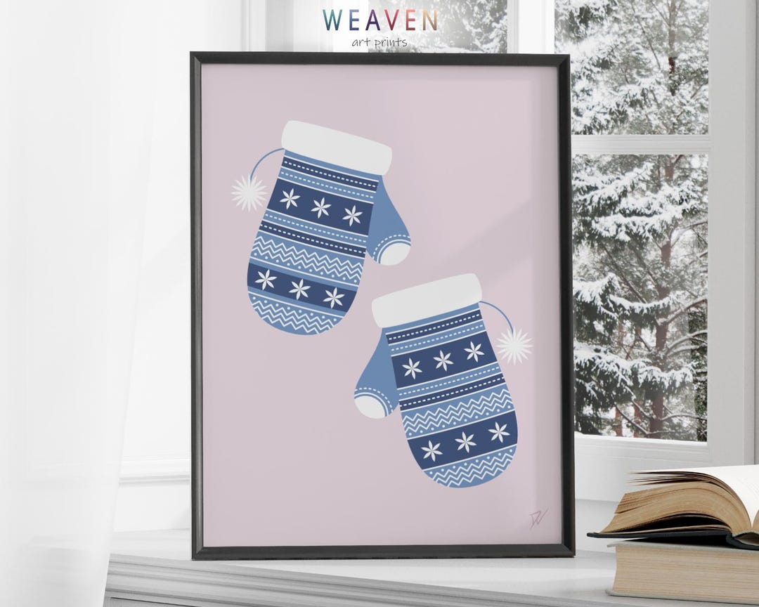 Light and Dark Blue Christmas Mittens Art Print, Digital Download ...