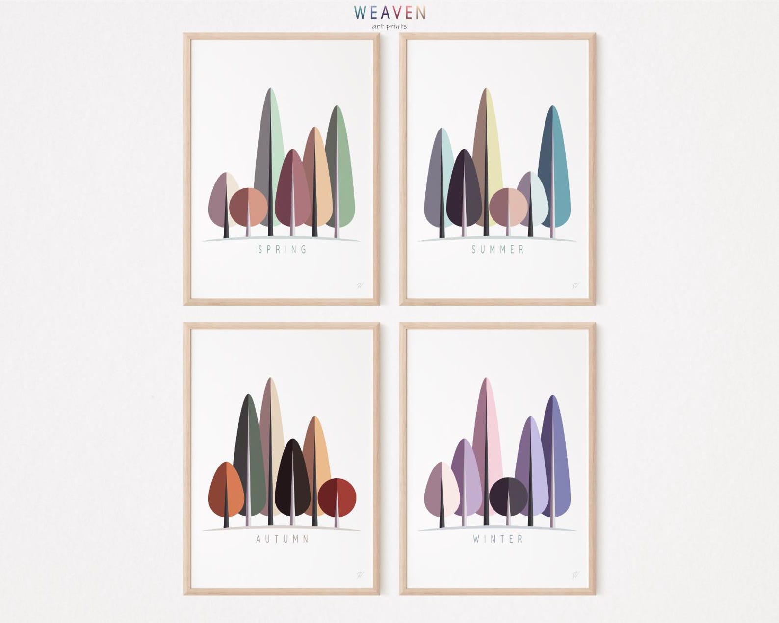 Four Seasons Tree Art Prints: Abstract Forest Set of 4, Digital ...