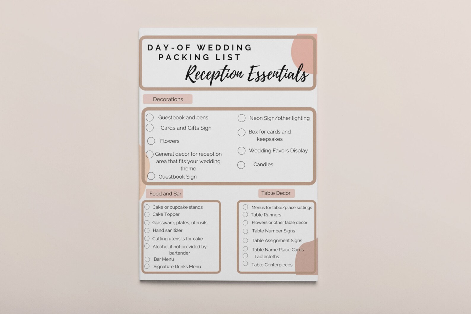 Editable Wedding Checklist Reception Checklist Reception - Etsy