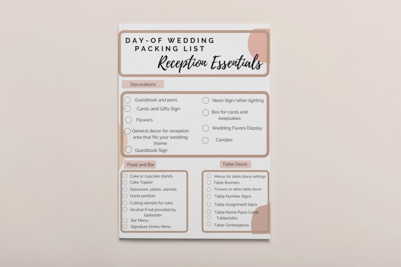 Editable Wedding Checklist Reception Checklist Reception | Etsy