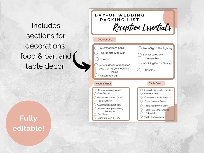 Editable Wedding Checklist Reception Checklist Reception - Etsy