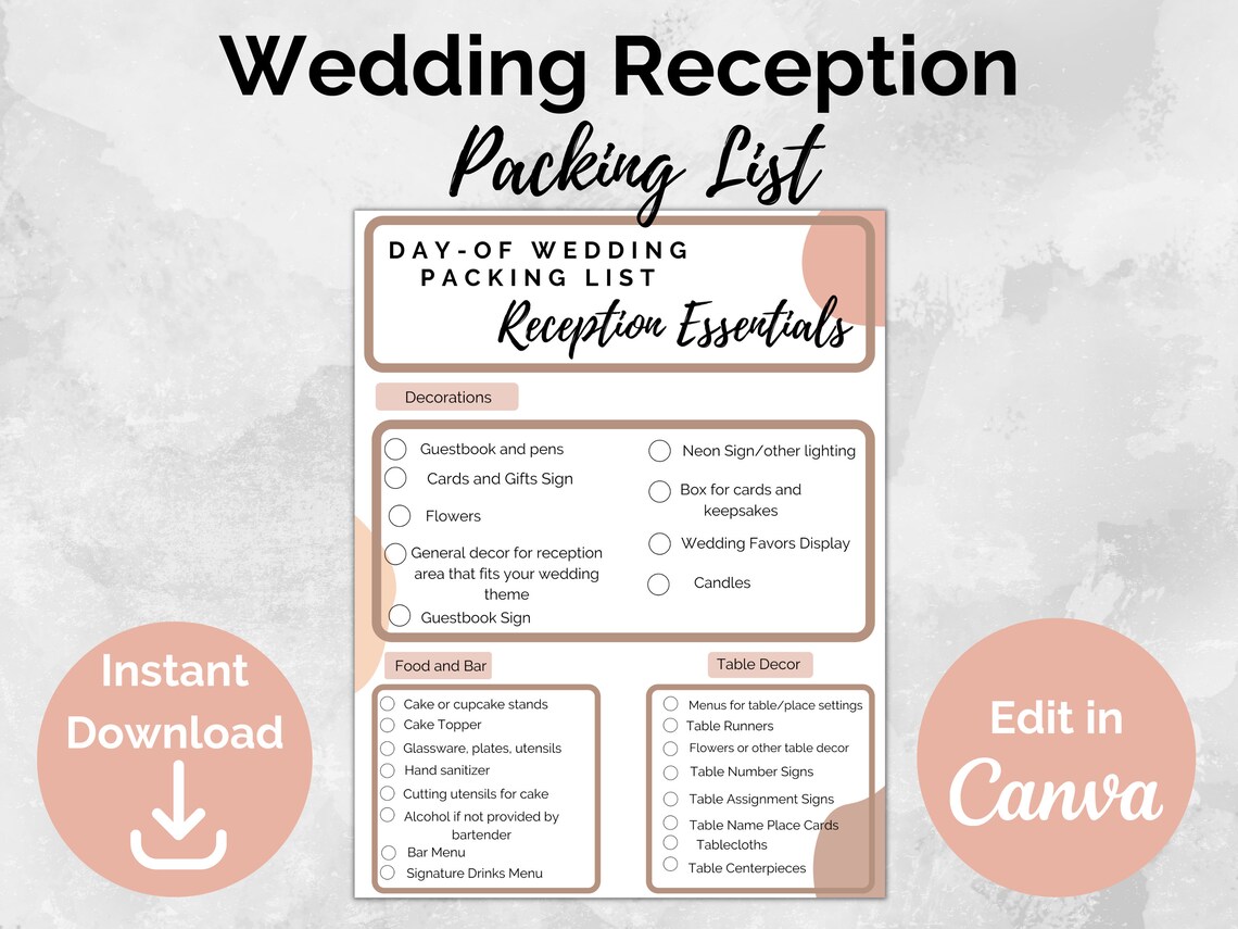 Editable Wedding Checklist Reception Checklist Reception - Etsy