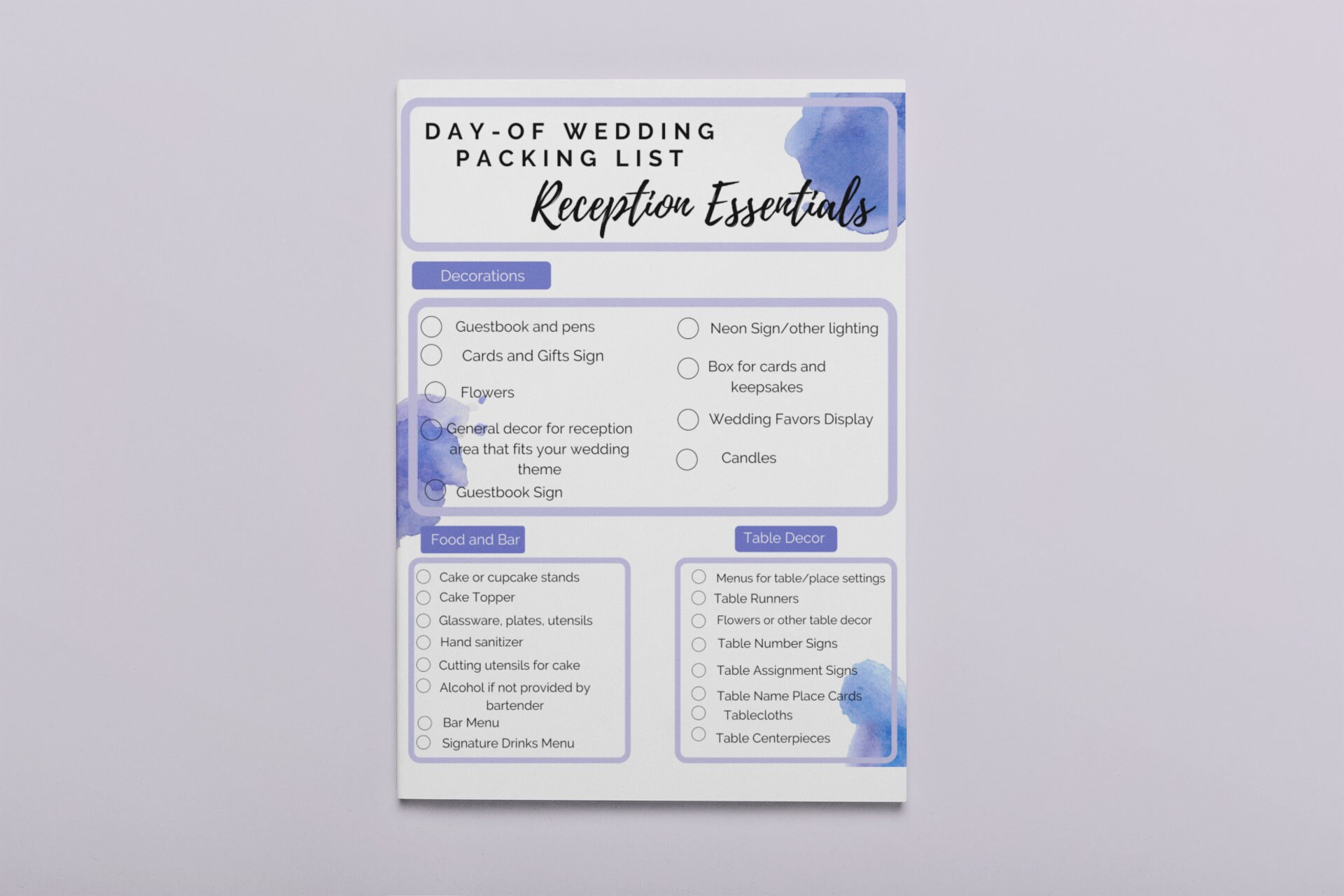 Editable Wedding Checklist, Reception Checklist, Reception Packing List ...