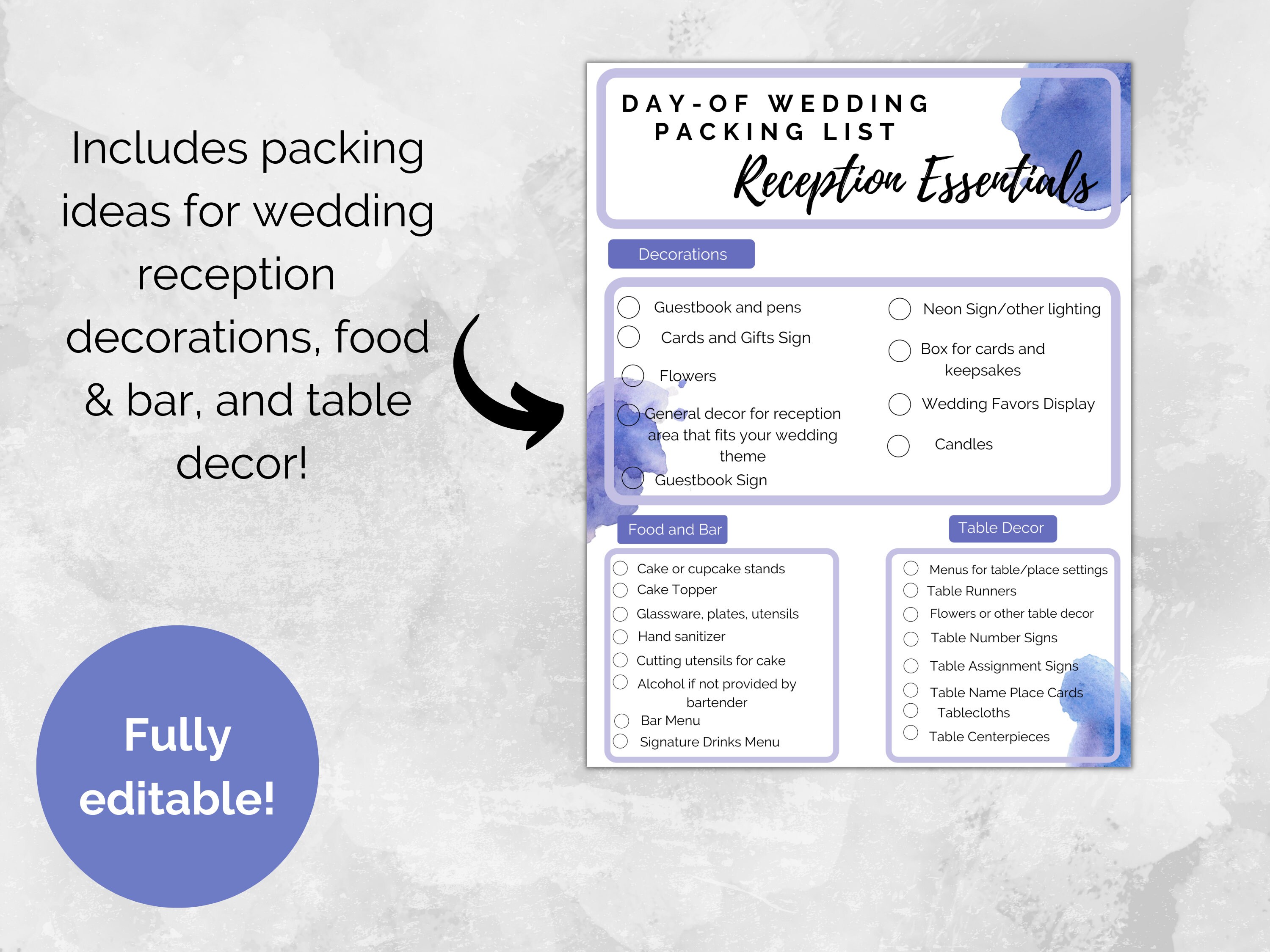Editable Wedding Checklist, Reception Checklist, Reception Packing List ...