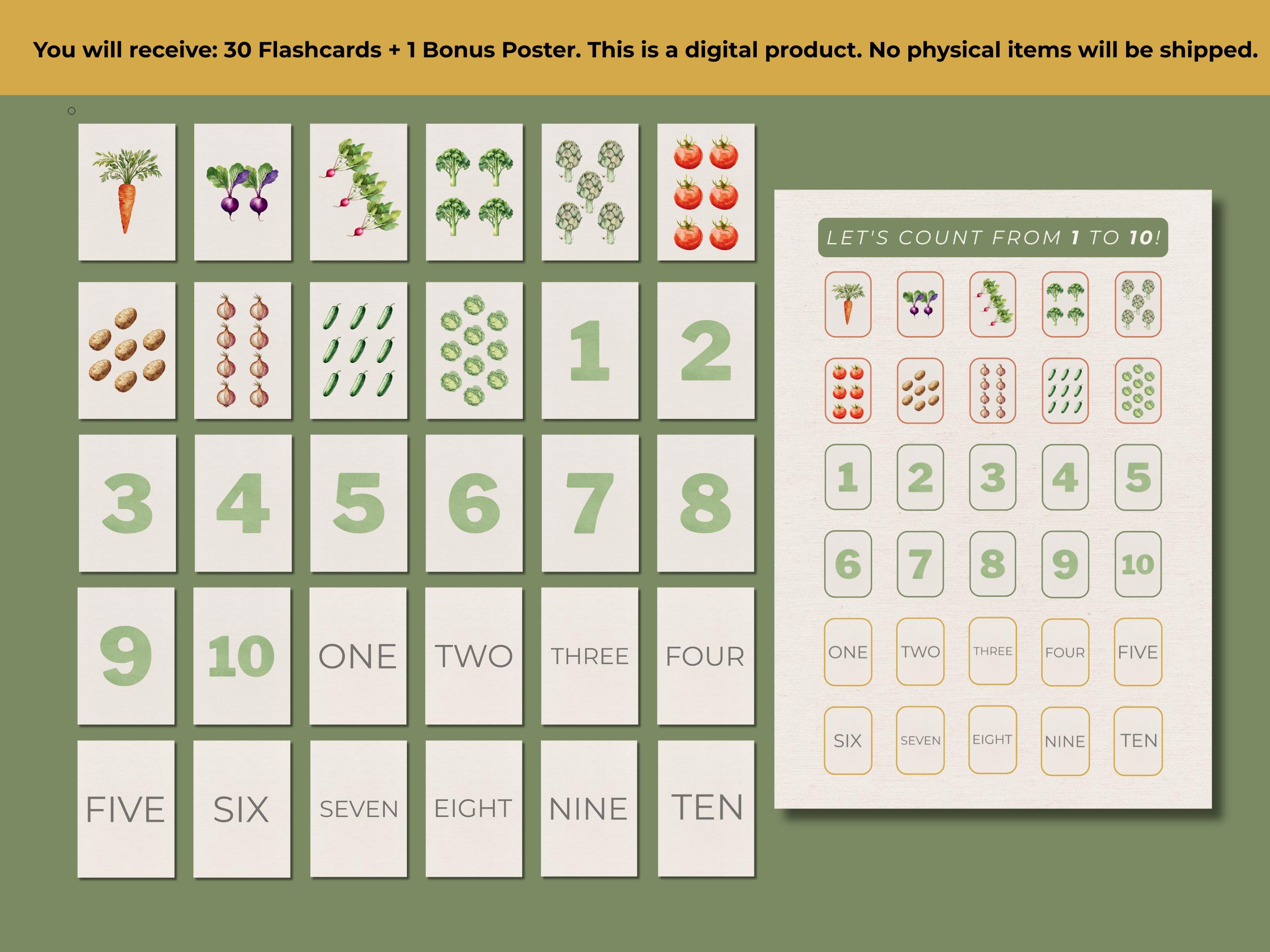 Montessori Counting Flashcards 1-10 | Vegetable Number Matching Game ...