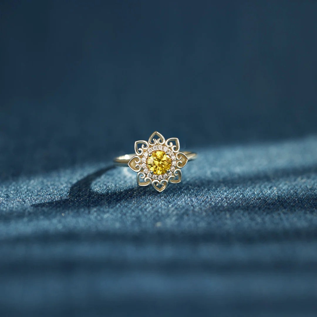 Love Crystal Sunflower Ring, Flower Promise Rings, Dainty Pavé Crystal ...