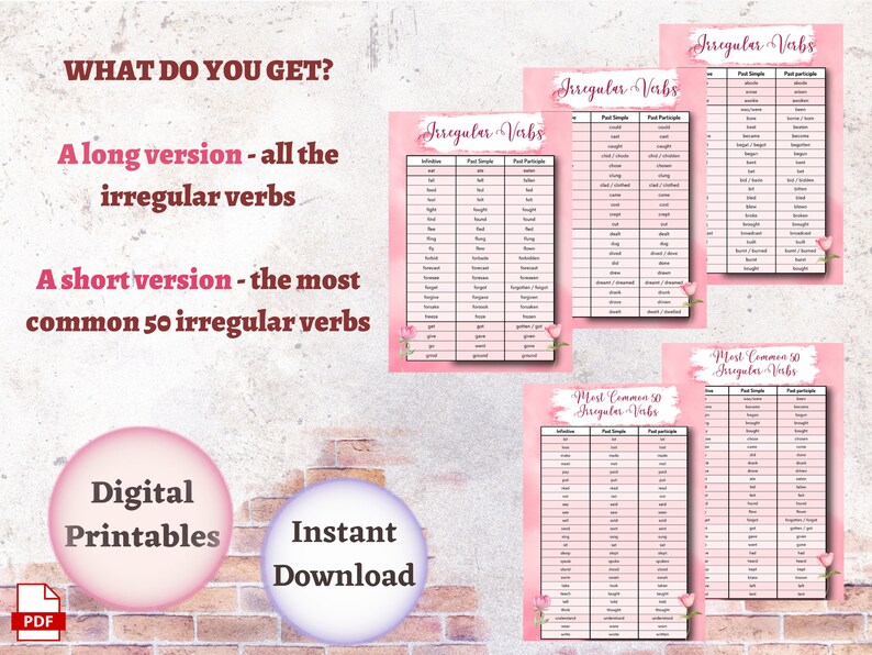Irregular Verbs List, Long Short Version, 50 Most Common Irregular ...