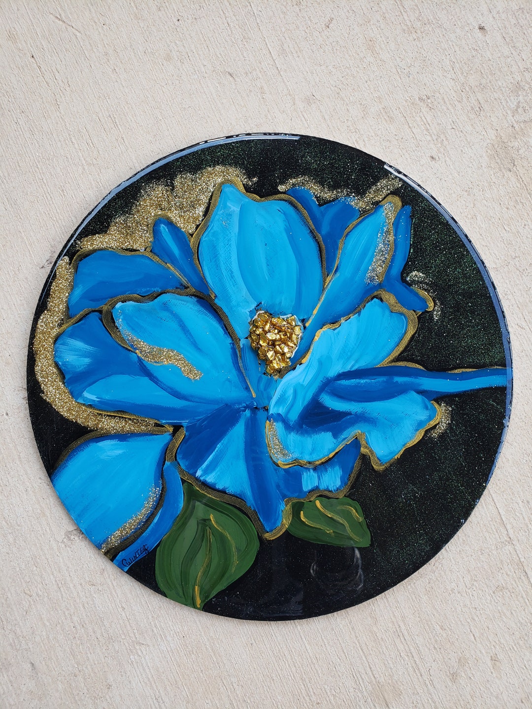 Abstract Blue Flower, Acrylic Painting, Glass Art, 11-inch Round - Etsy