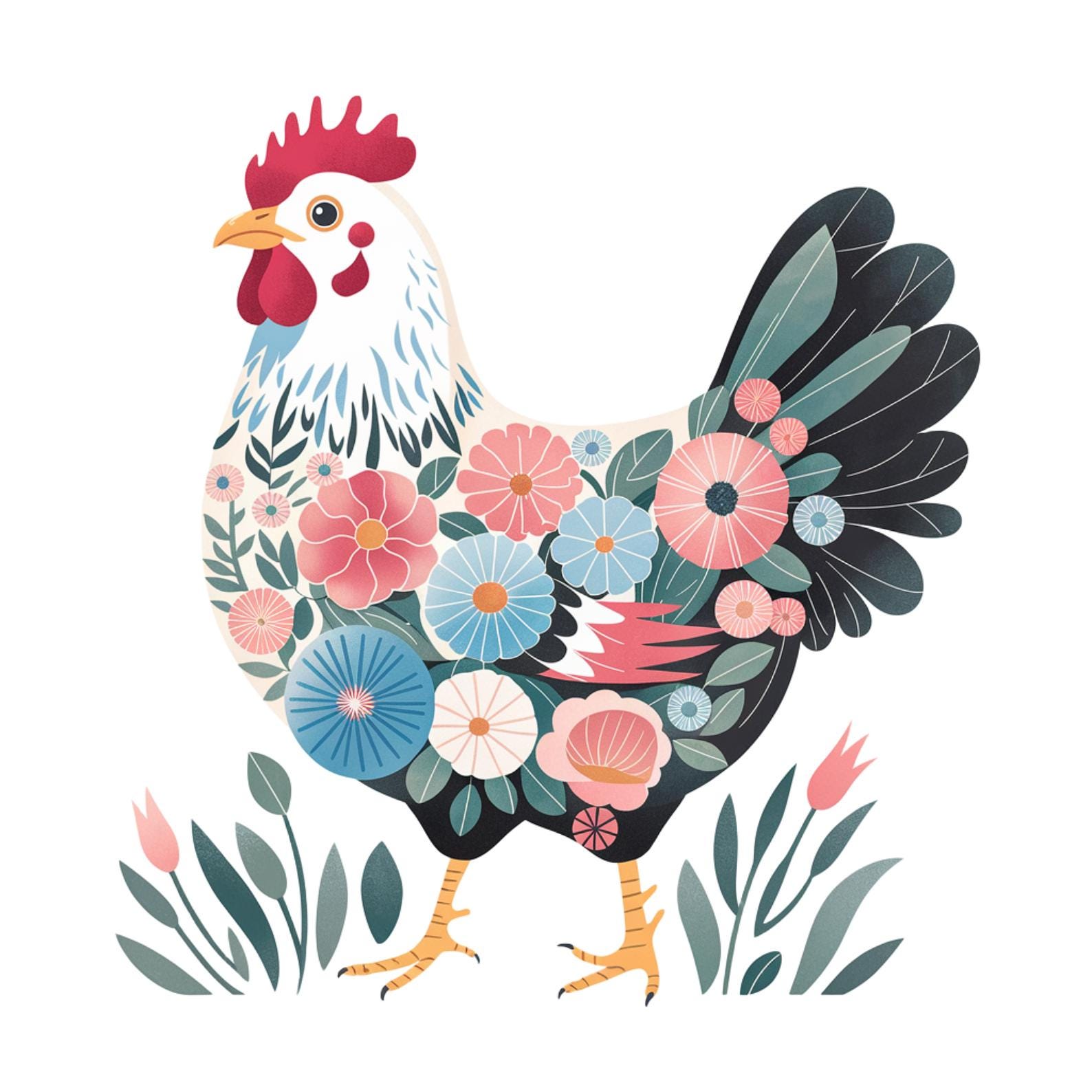 Watercolor Floral Chicken Clipart: Rooster PNG Set (digital Download ...