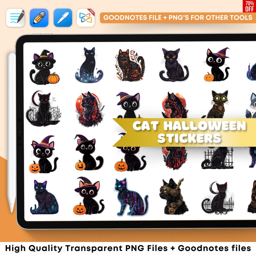 Halloween Cats Stickers, Spooky Cat Sticker, Halloween Digital ...