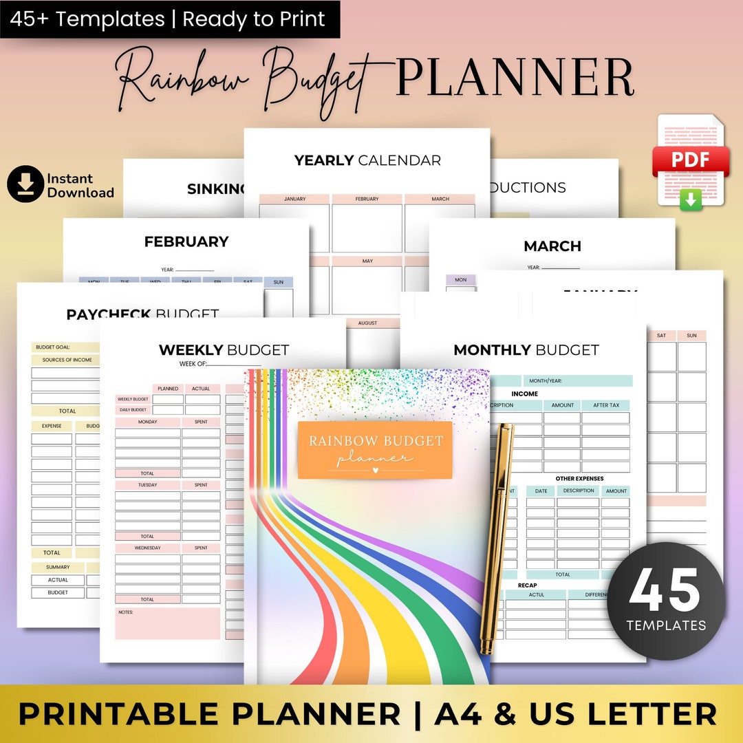 Cute Rainbow Budget Planner, Finance Tracker, Finance Planner Bundle ...