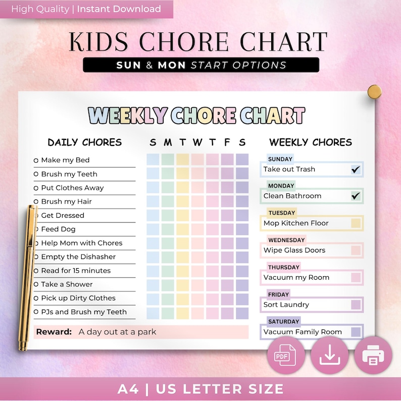 Printable Kids Chore Chart: Daily & Weekly Schedule (PDF) - Etsy