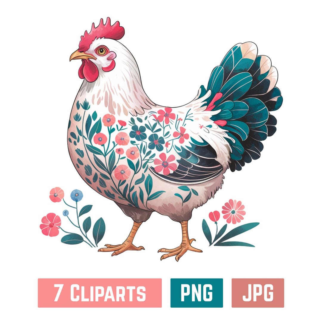 Watercolor Floral Chicken Clipart: Rooster PNG Set (digital Download ...