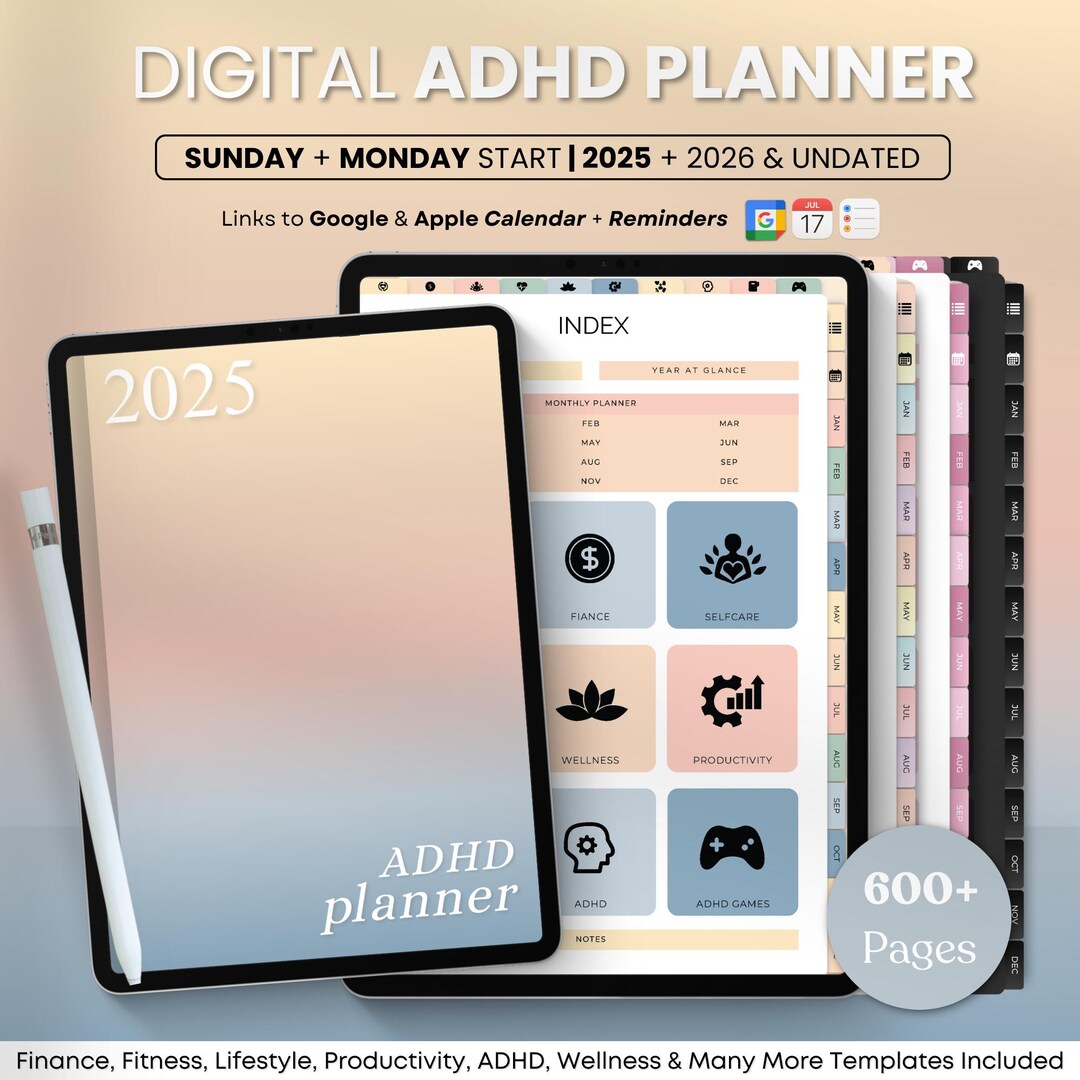 ADHD Digital Planner | 2025 ADHD Planner | Fully Hyperlinked Planner ...