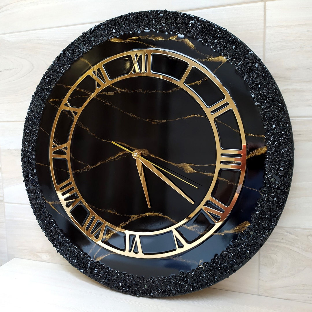 Black Gold Resin Wall Clock With Stones, First Time Home Buyer Gift - Etsy