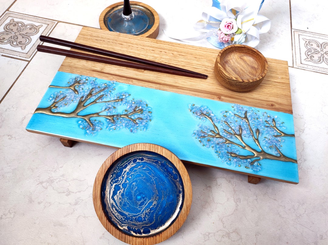 Handmade Sakura Wood Sushi Board Set: Resin Art Serving Platter - Etsy
