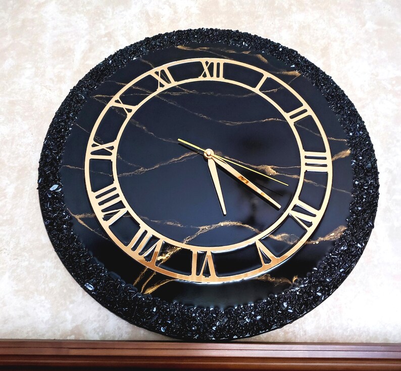 Black Gold Resin Wall Clock With Stones First Time Home Buyer - Etsy