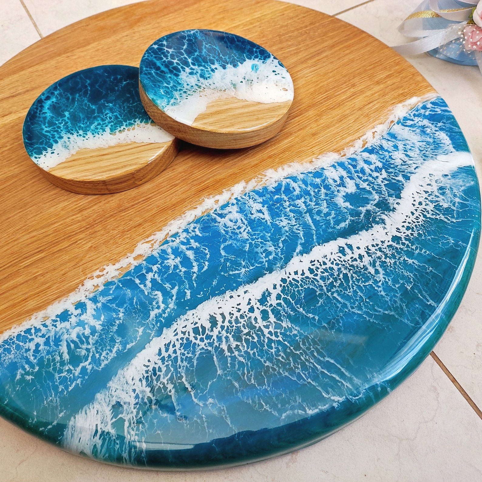 Personalized Ocean Round Wooden Serving Platter Ocean Resin - Etsy