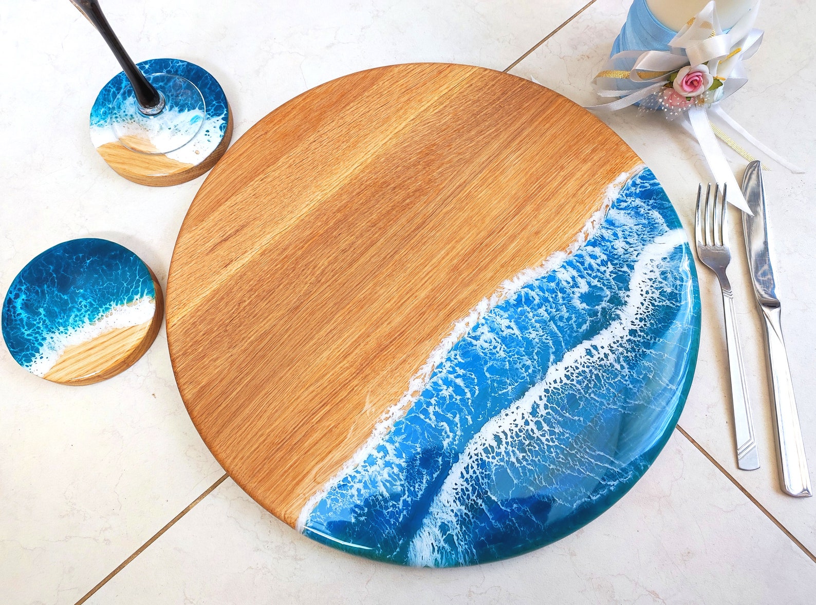Personalized Ocean Round Wooden Serving Platter Ocean Resin - Etsy