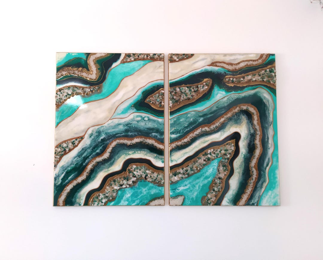 Emerald Green Geode Wall Art Diptych: Resin Painting With Natural ...