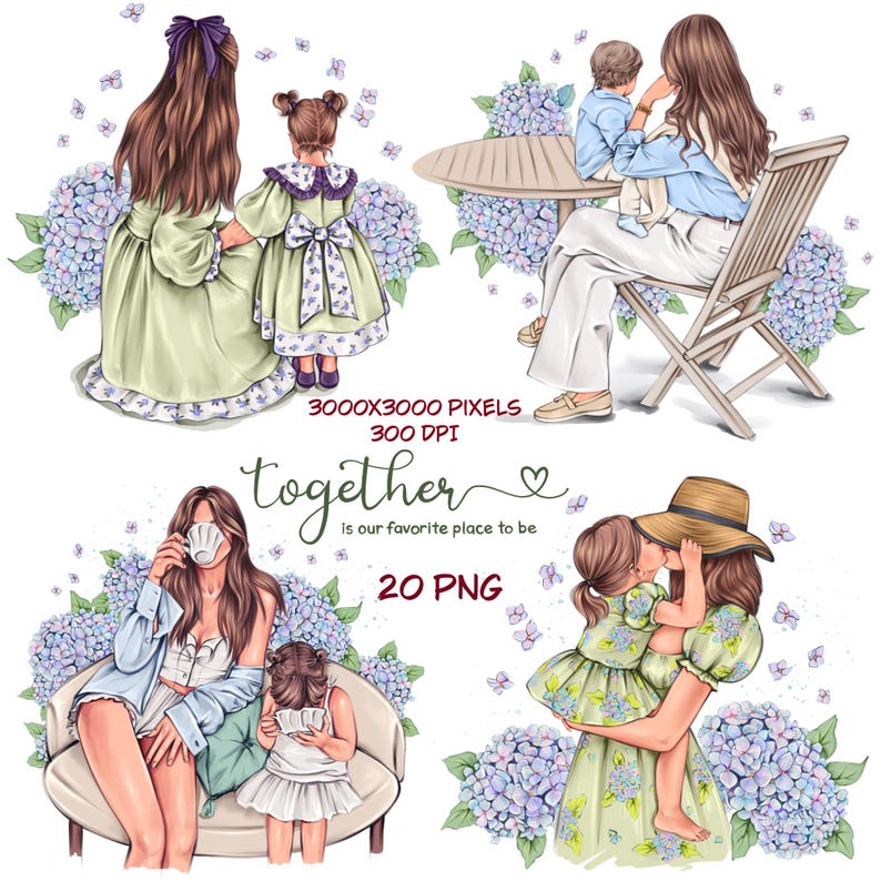 Mother's Day Watercolor Clipart PNG Mother Daughter Hydrangea Floral ...