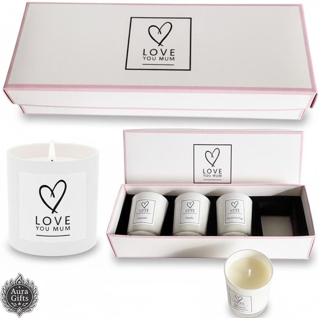 Mother's Day Candle Gift Set - LOVE YOU MUM - 4 Piece White - 1 Free ...