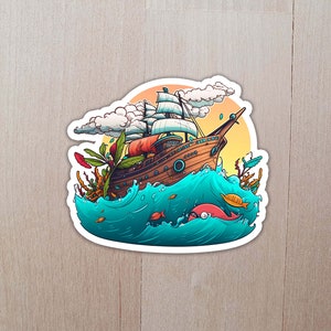 Sailing Ship in the Ocean Waves Sticker, Ocean Sticker, Boat Sticker ...