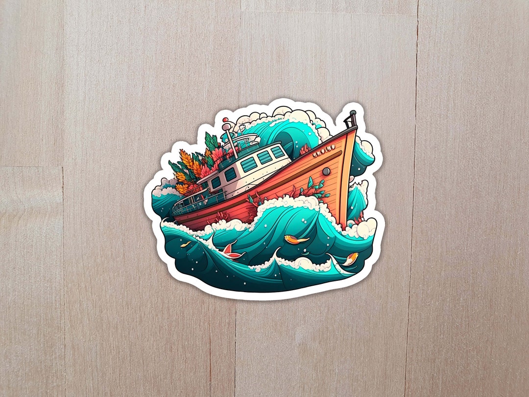 Boat in the Ocean Waves Sticker, Boat Sticker, Ship Sticker, Fishing ...