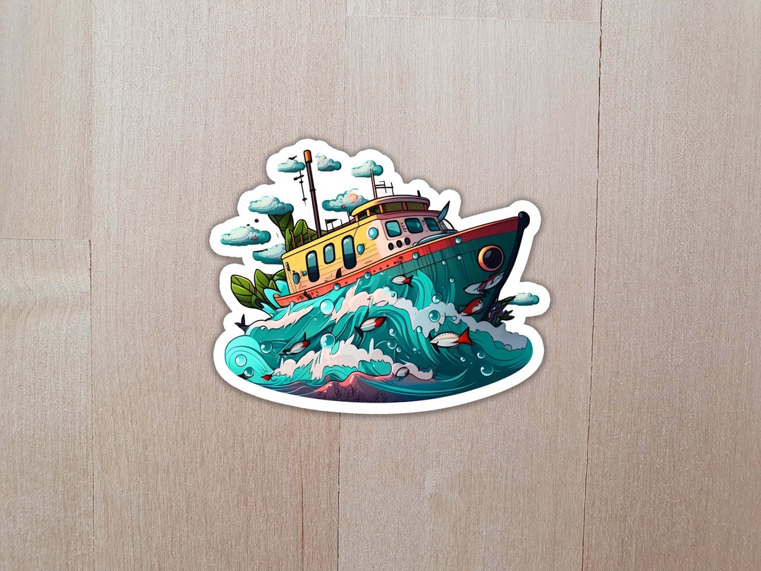 Boat in the Ocean Waves Sticker, Boat Sticker, Ship Sticker, Fishing ...