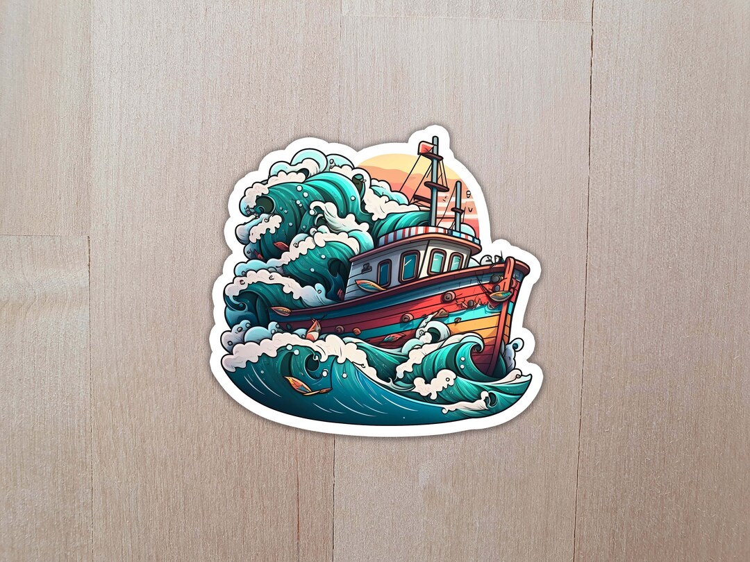Boat in the Ocean Waves Sticker, Boat Sticker, Ship Sticker, Fishing ...