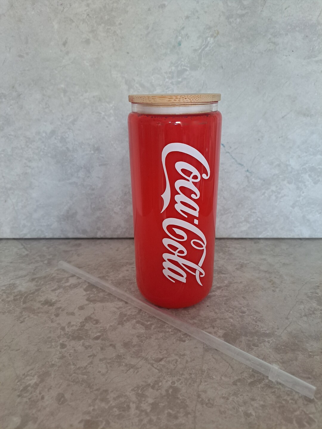 Coca Cola Inspired Libby Glass With Bamboo Straw and Lid, Cola, Fizzy ...