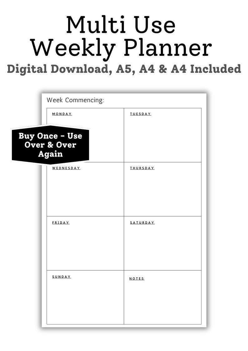 Simple Weekly Planner Printable Diary Weekly Calendar Meal - Etsy