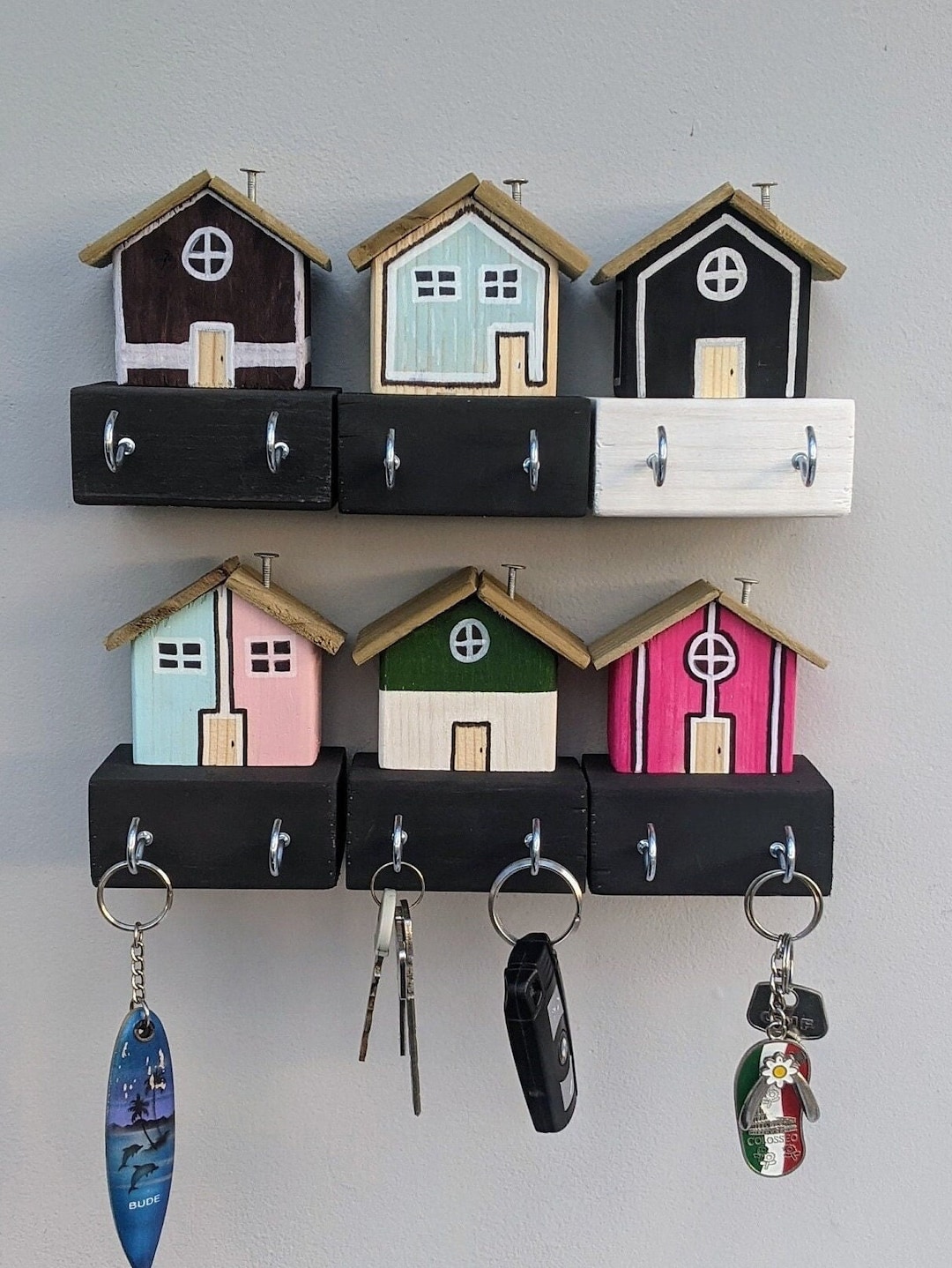 Handmade Wooden Key Coat Hanger Holder Wall Rack Rustic Silver Hooks ...