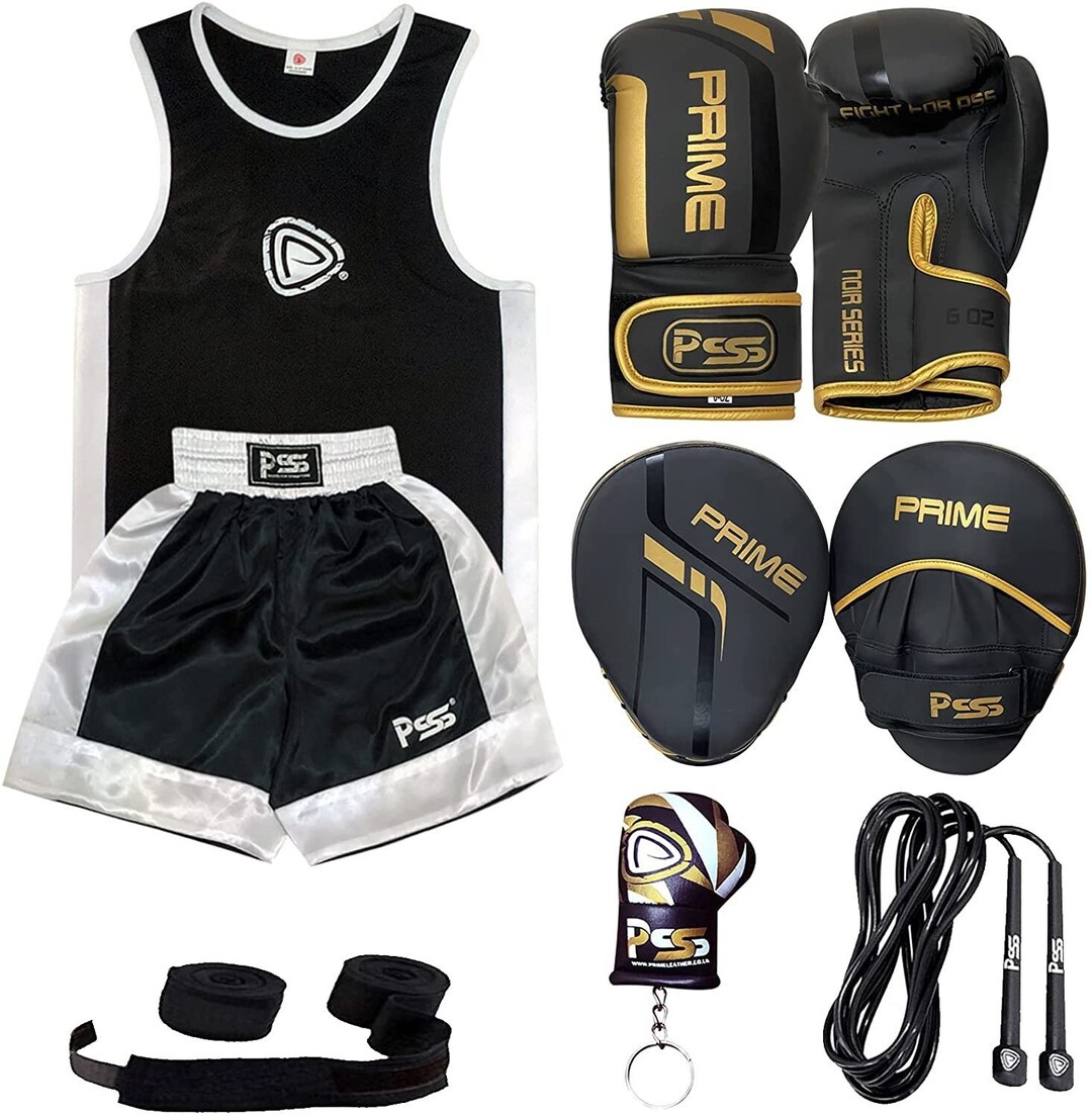 Boxing Kit Uniform Top and Short, Boxing Gloves, Focus Pad, Ropewrap ...