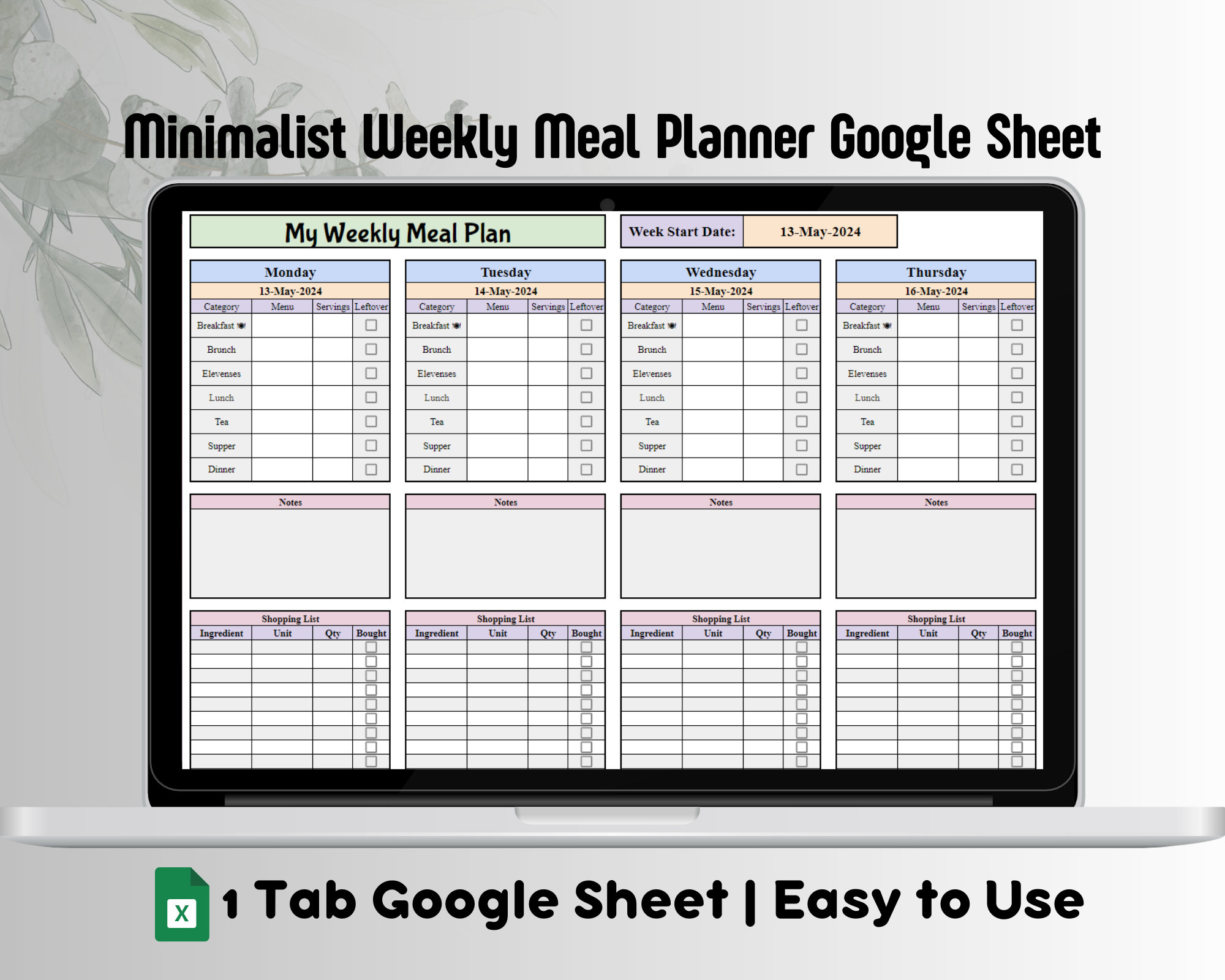 Weekly Meal Planner Google Sheets | Groceries Shopping List Template ...