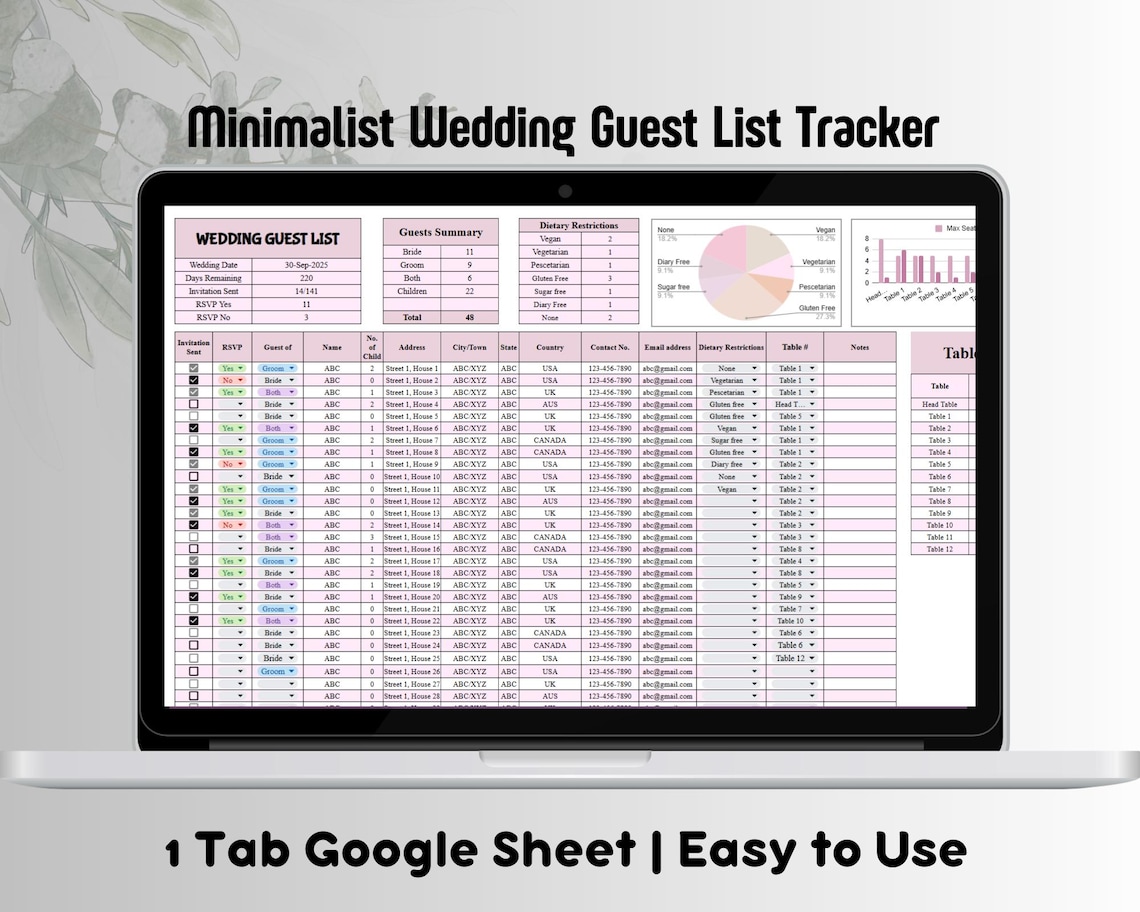 Wedding Guest List Tracker | Wedding Planning Spreadsheet | Google ...