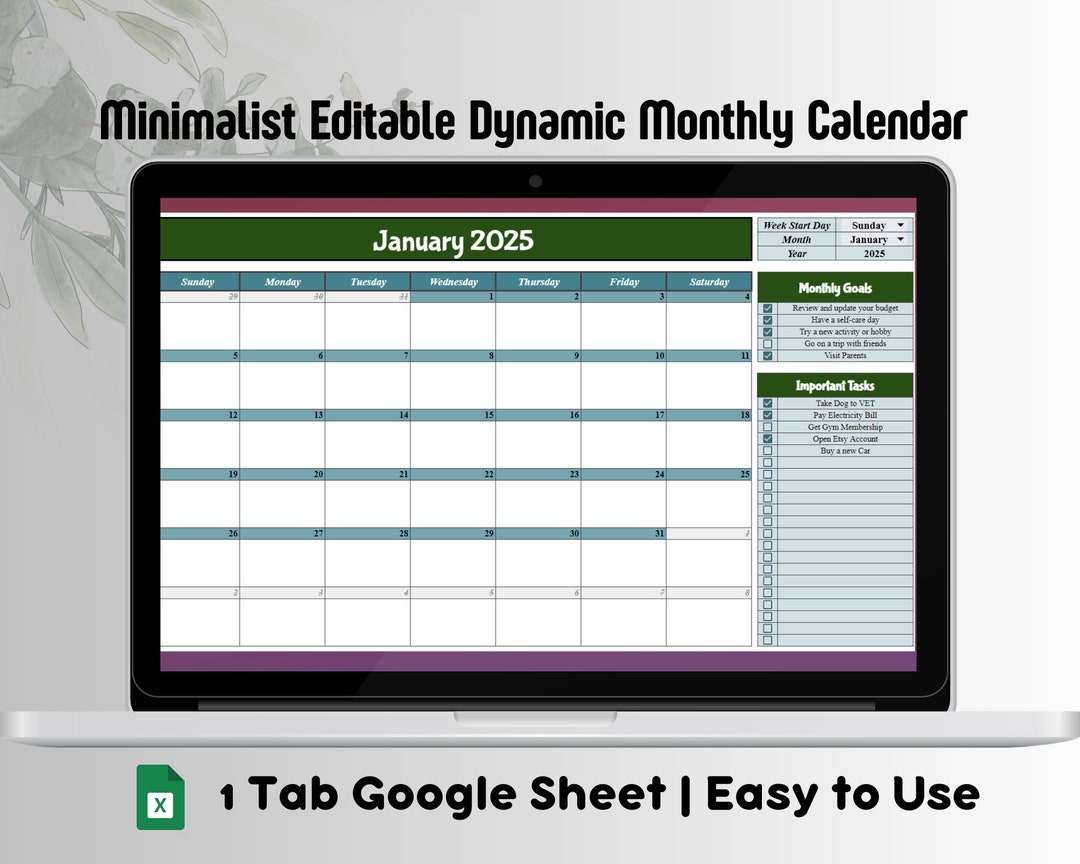 Editable Monthly Calendar Google Sheets, 2025 Calendar Template, 2025 ...