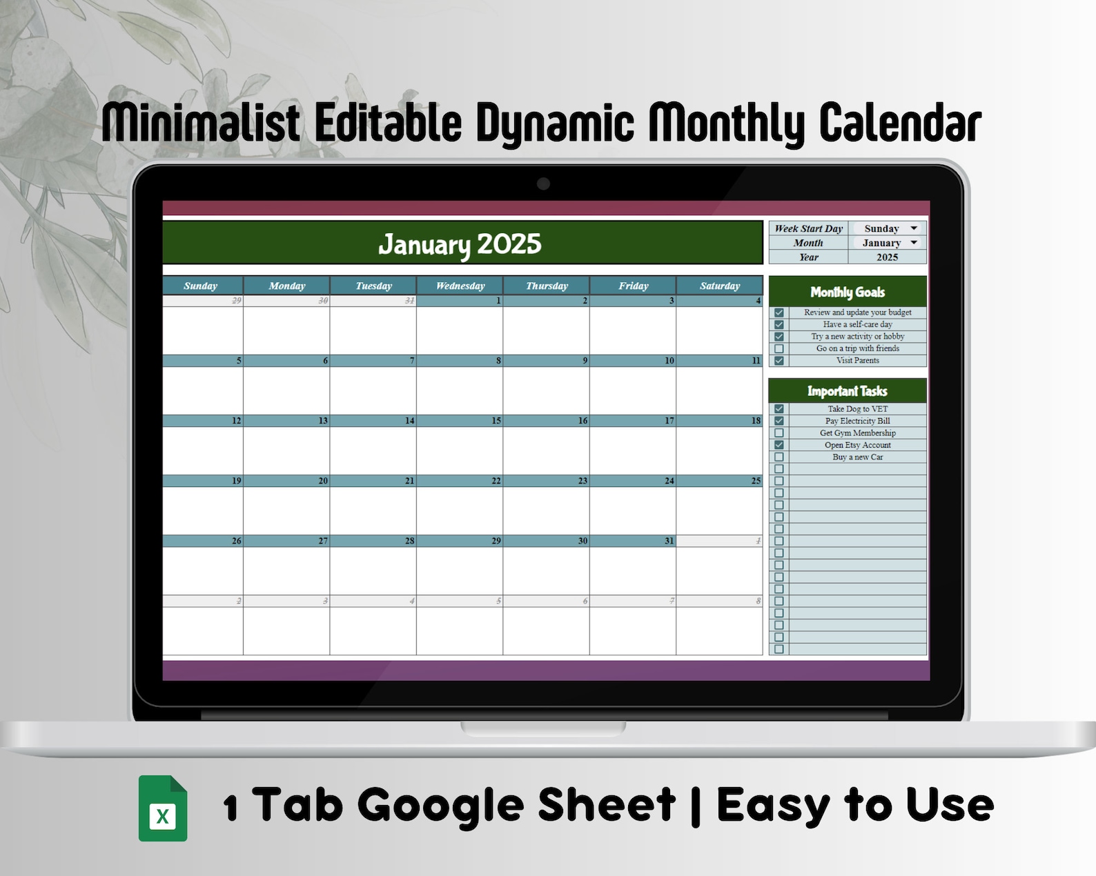 Editable Monthly Calendar Google Sheets, 2025 Calendar Template, 2025 ...