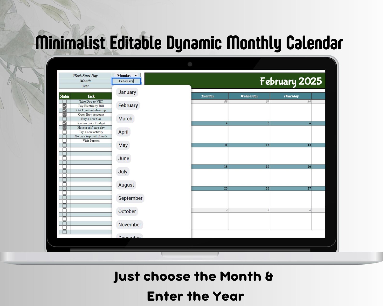 2025 Editable Monthly Calendar Google Sheets, Calendar Template, 2025 ...