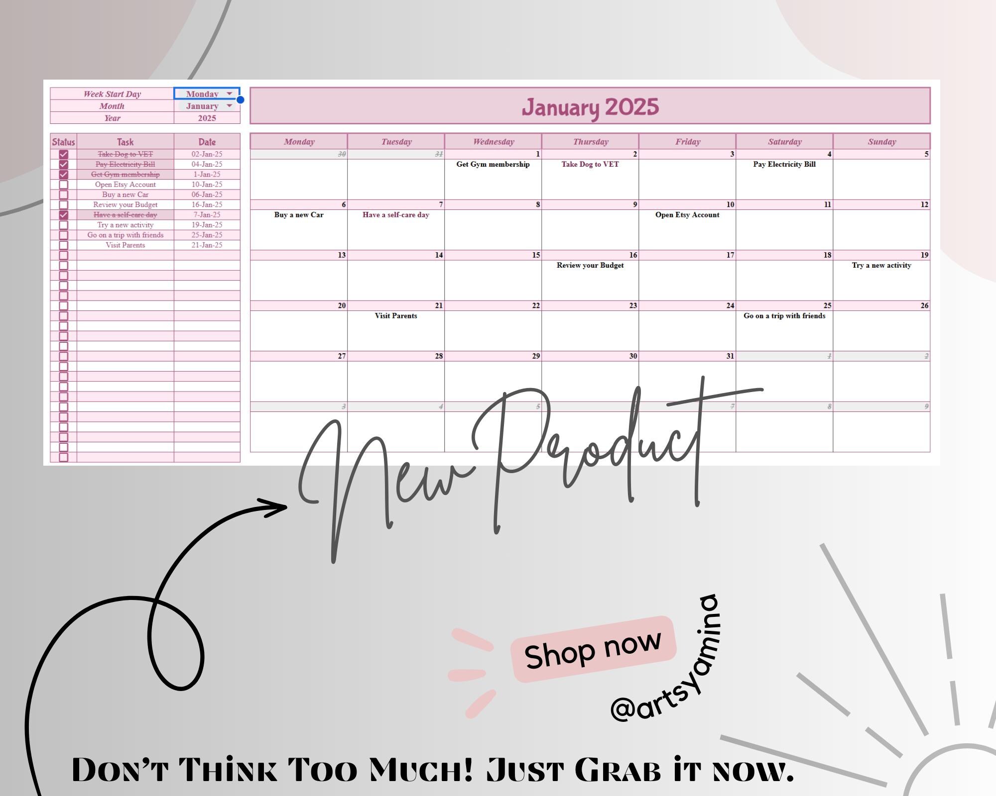2025 Editable Monthly Calendar Google Sheets, Calendar Template, 2025 ...